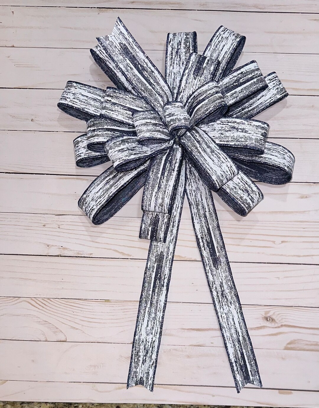 Whimsical Christmas Tree Topper Bow, Navy Silver Tree Topper Bow for ...