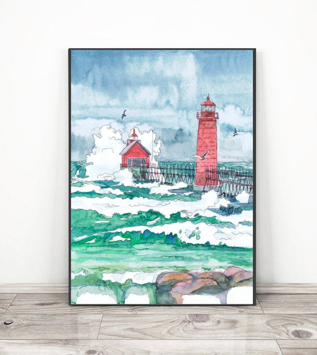 Lake Michigan Art, Original Watercolor Landscape Painting Grand Haven ...