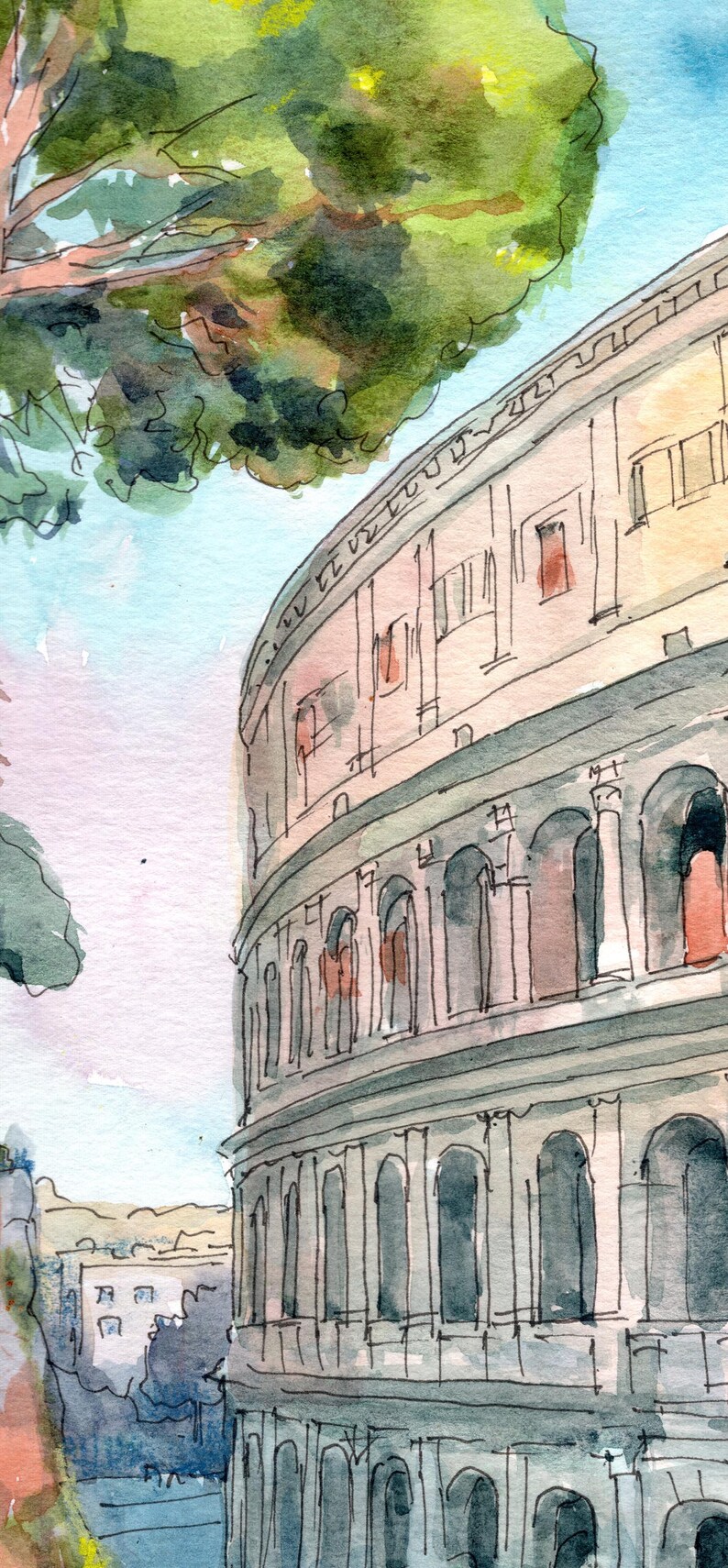 Colosseum Original Watercolor Painting, Rome Skyline, Europe Artwork ...
