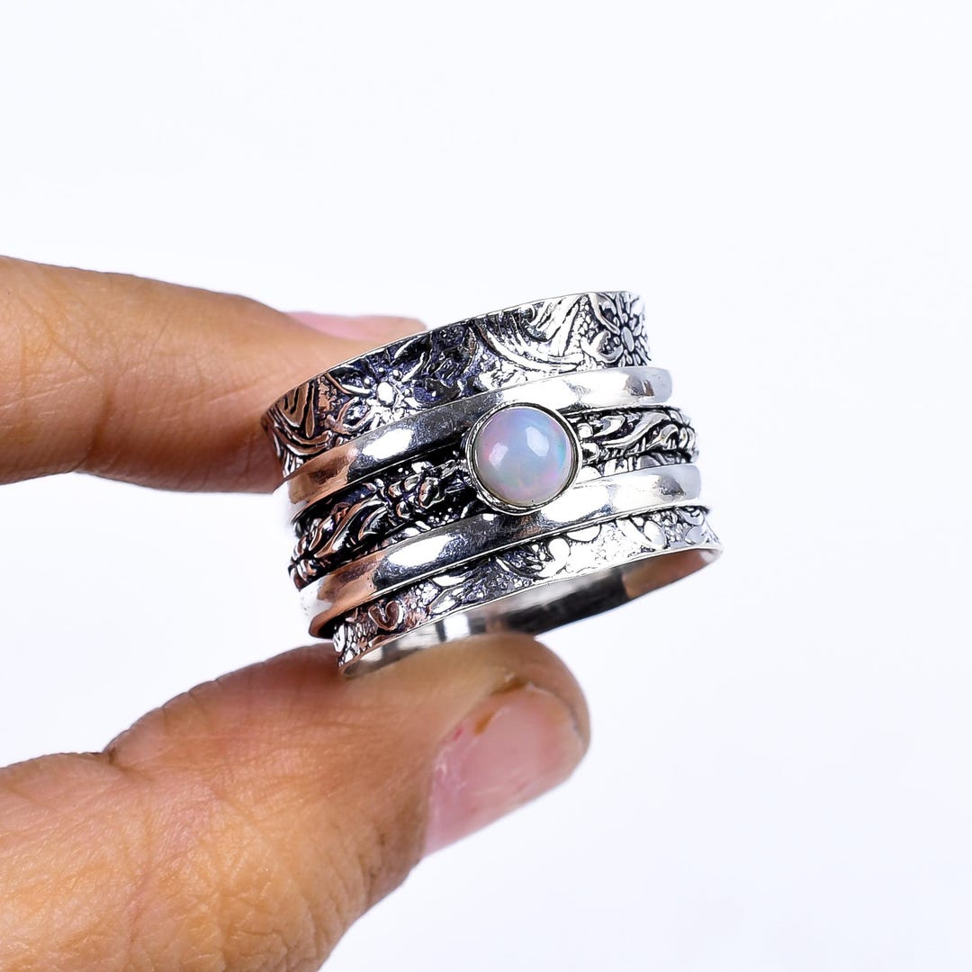 Ethiopian Opal Spinner Ring for Stress-relief, Floral Meditation Fidget ...