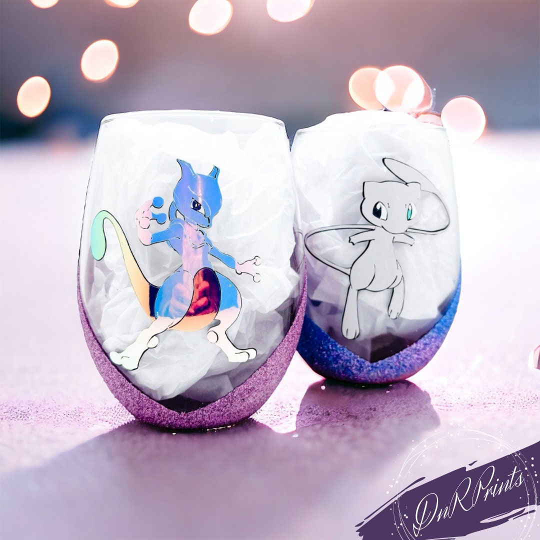 Mewtwo Stemless Wine Glass / Mew Glittered Wine Glass / Pokemon ...