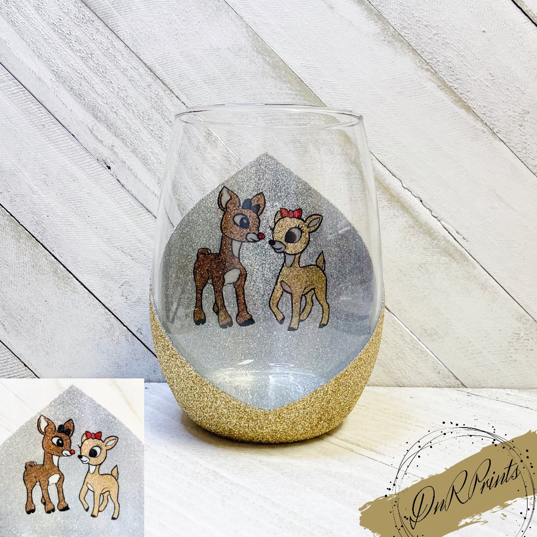 Rudolph Glitter Painted Wine Glass / Reindeer / Christmas - Etsy