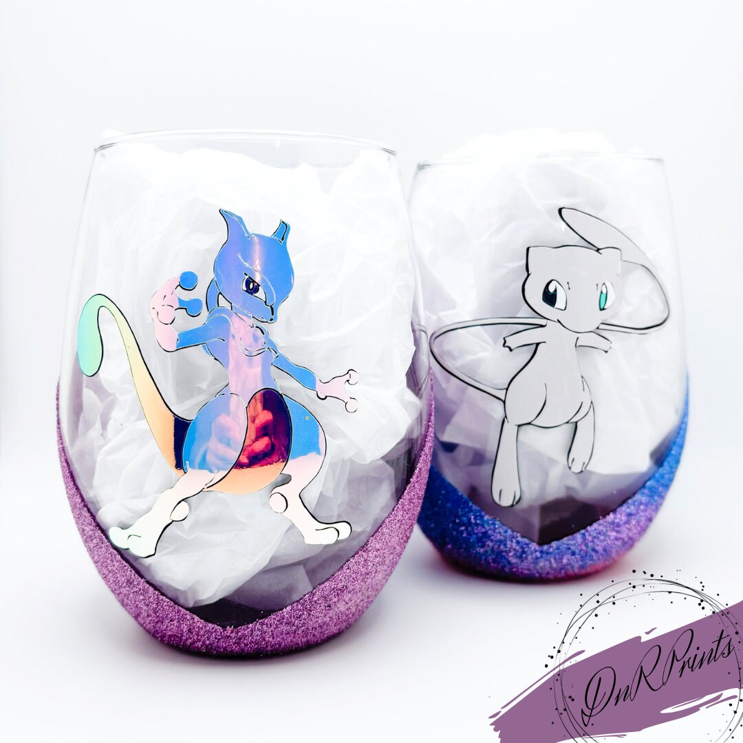 Mewtwo Stemless Wine Glass / Mew Glittered Wine Glass / Pokemon ...