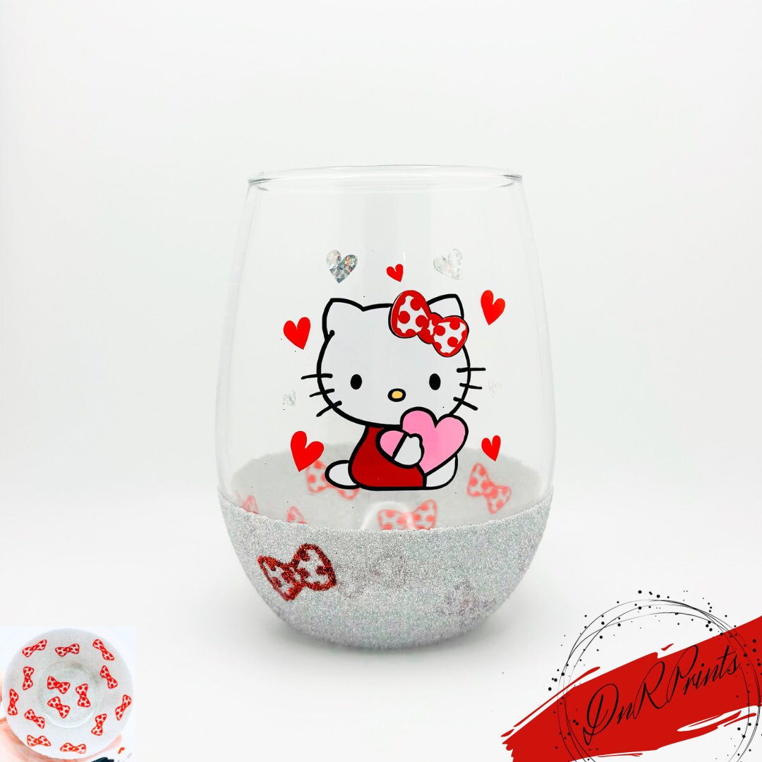 Hello Hearts Kitty Glitter Wine Glass/ Kawaii Kitty Glass / Valentines ...