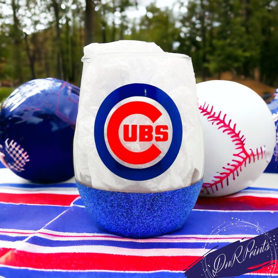 Chicago Cubs Baseball Wine Glass / Glittered Stemless Baseball Glass ...