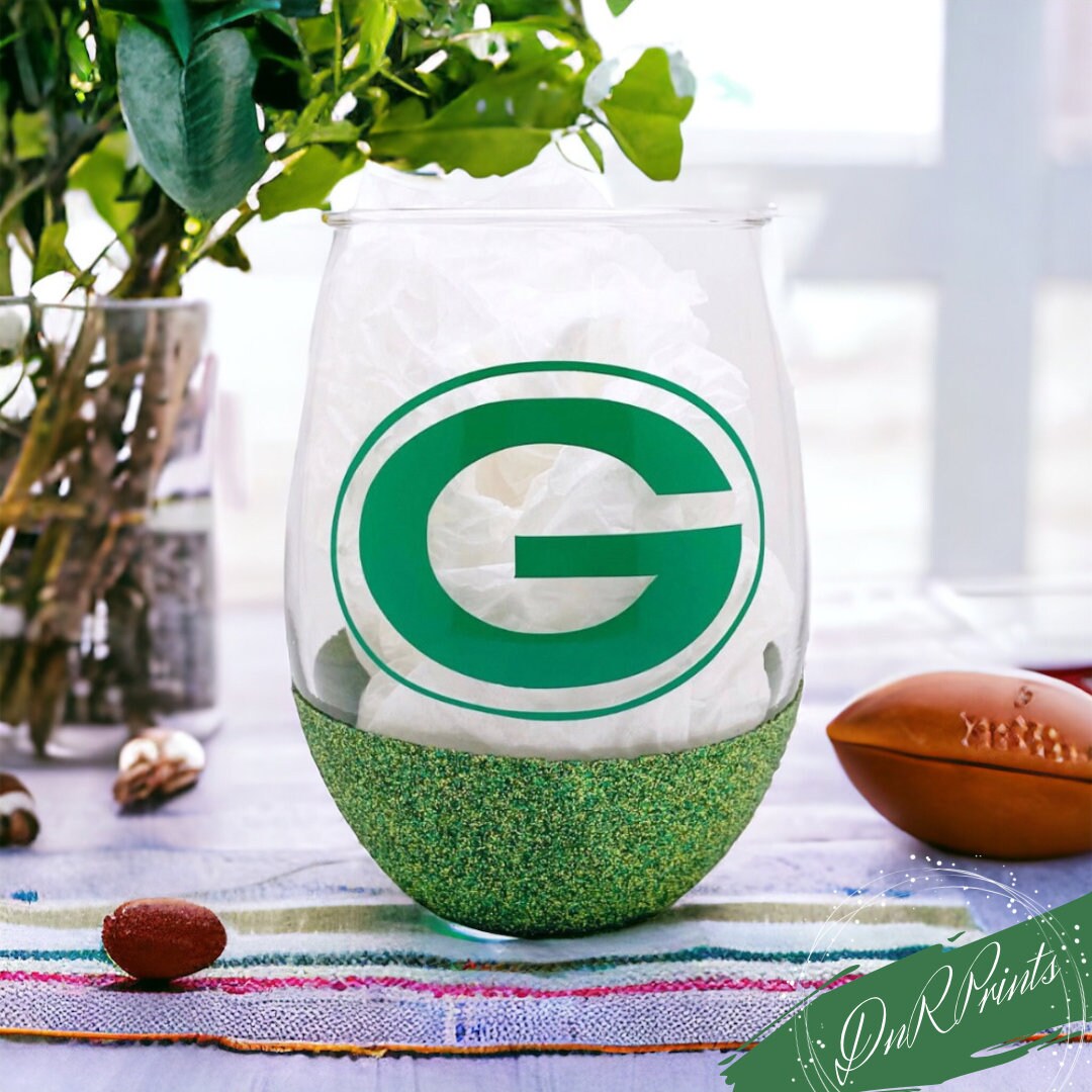 Green Bay Packers Football Wine Glass / Glittered Stemless Wine Glass ...