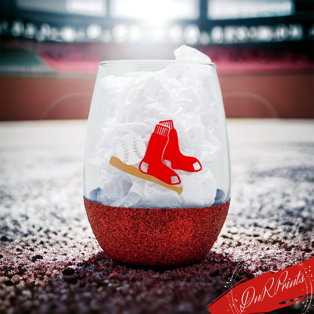 Boston Red Sox Baseball Wine Glass / Glittered Stemless Wine Glass ...