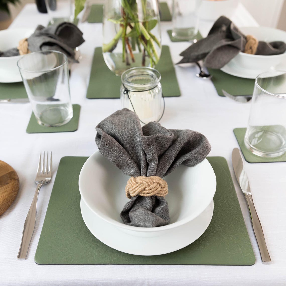 Placemats Full Set, Leather Placemats and Leather Coasters, Olive Green ...