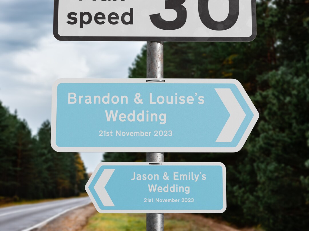 Personalised Metal Wedding Sign, Direction Road Arrow Sign Blue ...