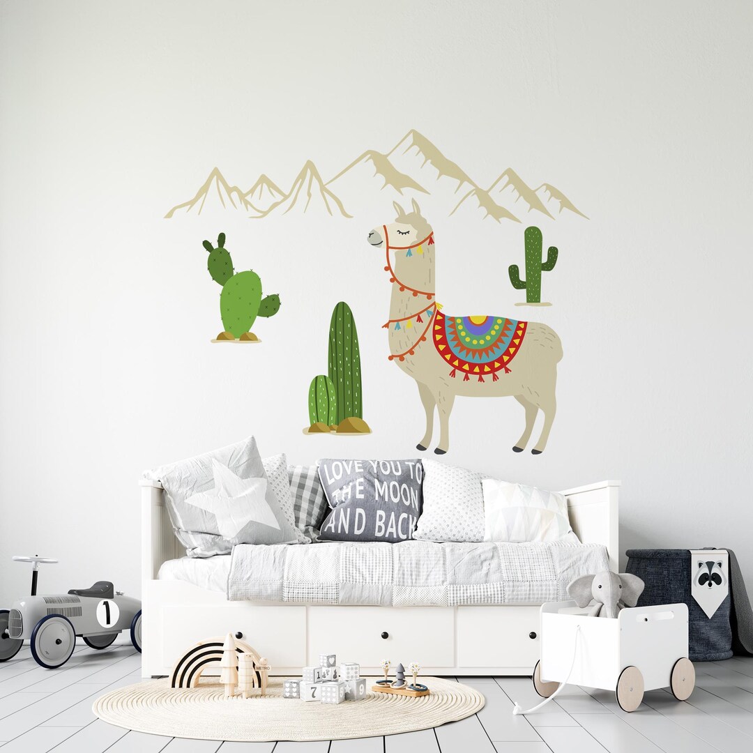 Llama Wall Decals Kids. Mountains Wall Decal. Boho Alpaca Nursery Decor ...