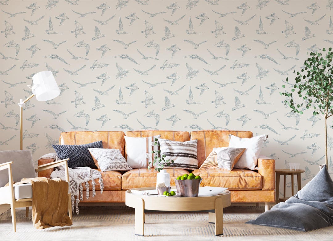 Minimalist Seagull Wallpaper, Flying Birds Wall Mural, Coastal White ...
