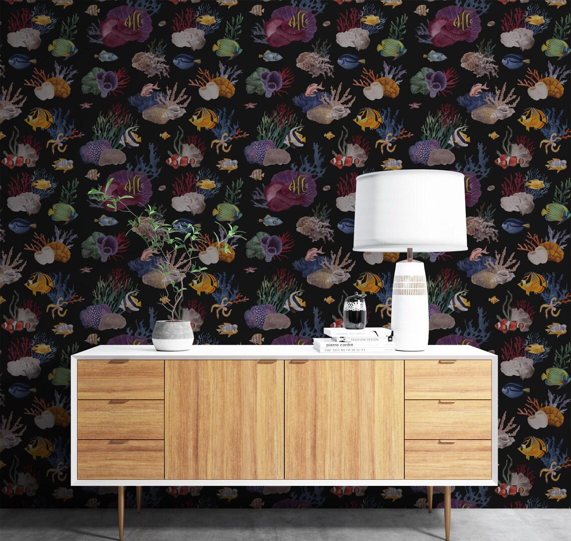 Dark Undersea Wallpaper, Deep Ocean Mural With Fish, Sea Plants, Shells ...