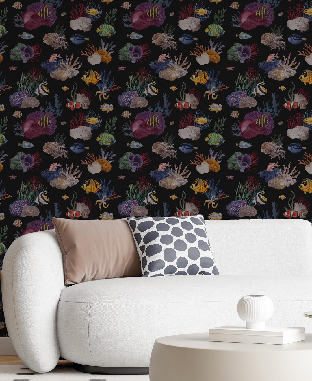 Dark Undersea Wallpaper, Deep Ocean Mural With Fish, Sea Plants, Shells ...