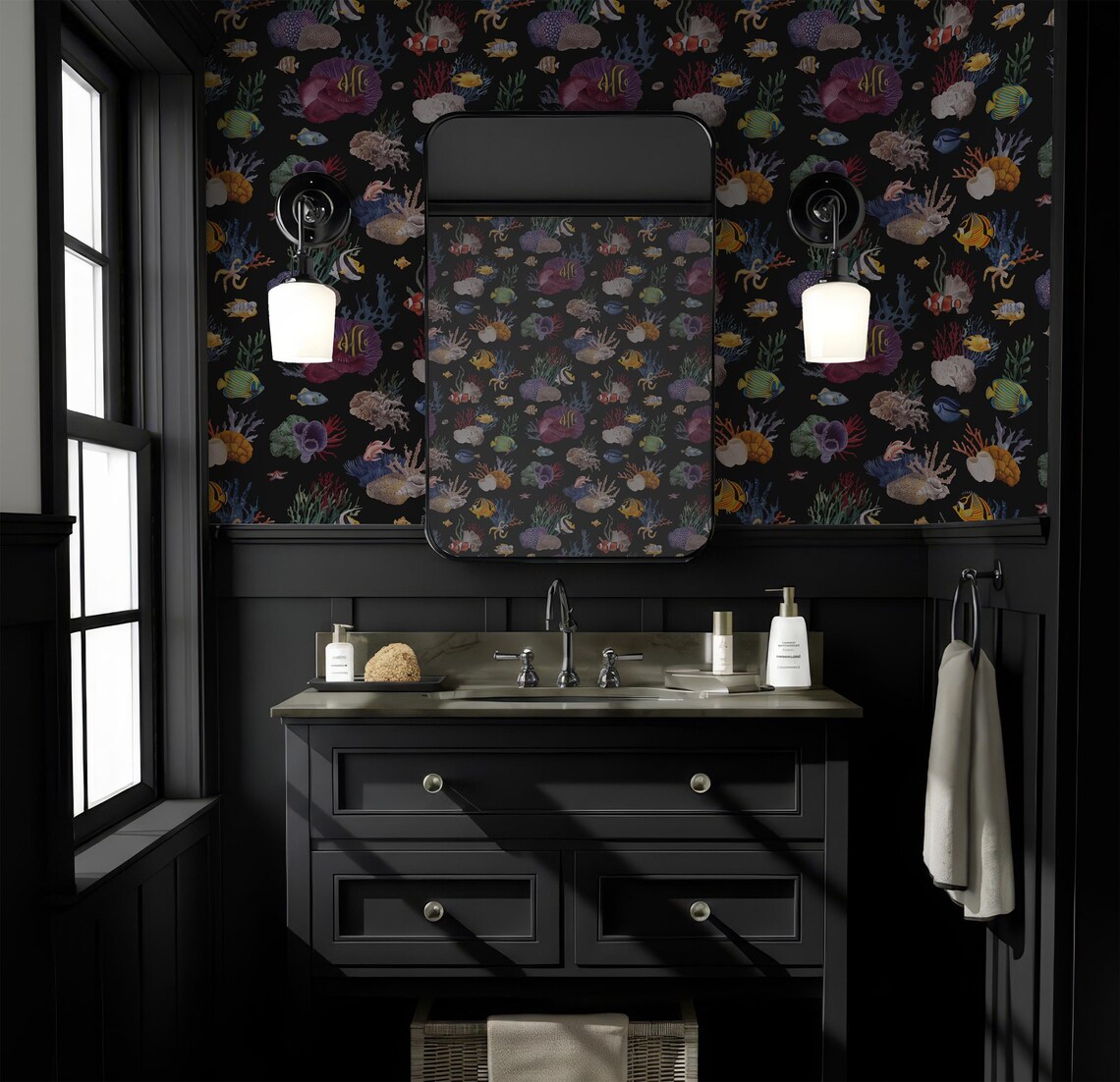 Dark Undersea Wallpaper, Deep Ocean Mural With Fish, Sea Plants, Shells ...