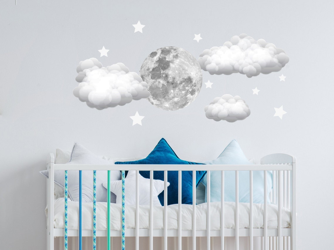 Stars and Moon Wall Decal. Space Themed Decor. Watercolor Moon - Etsy