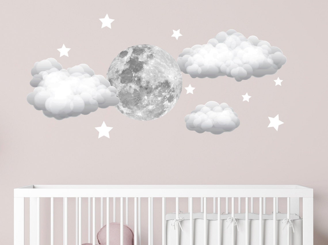 Stars and Moon Wall Decal. Space Themed Decor. Watercolor Moon - Etsy