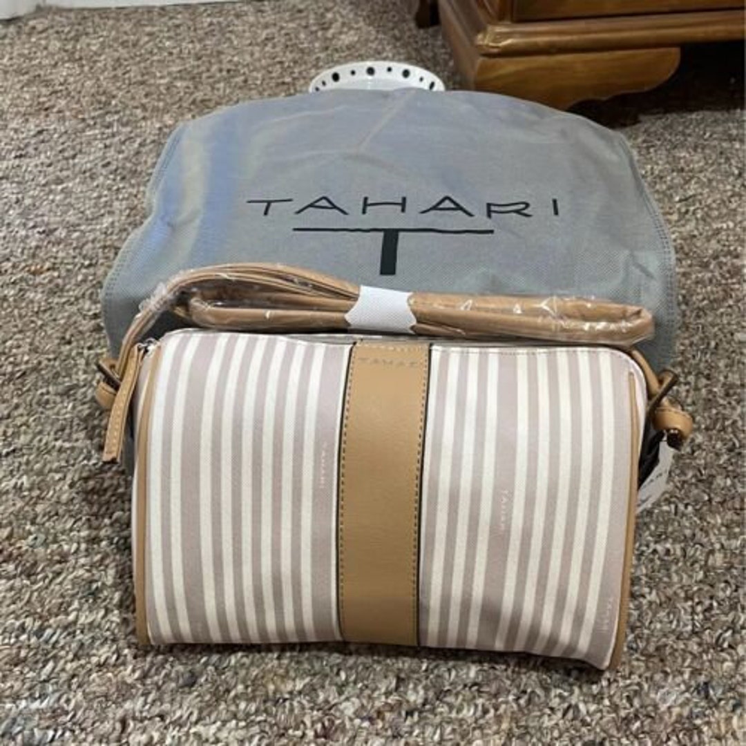 Tahari Logo Barrel Purse in Sand Stripe Brand New - Etsy