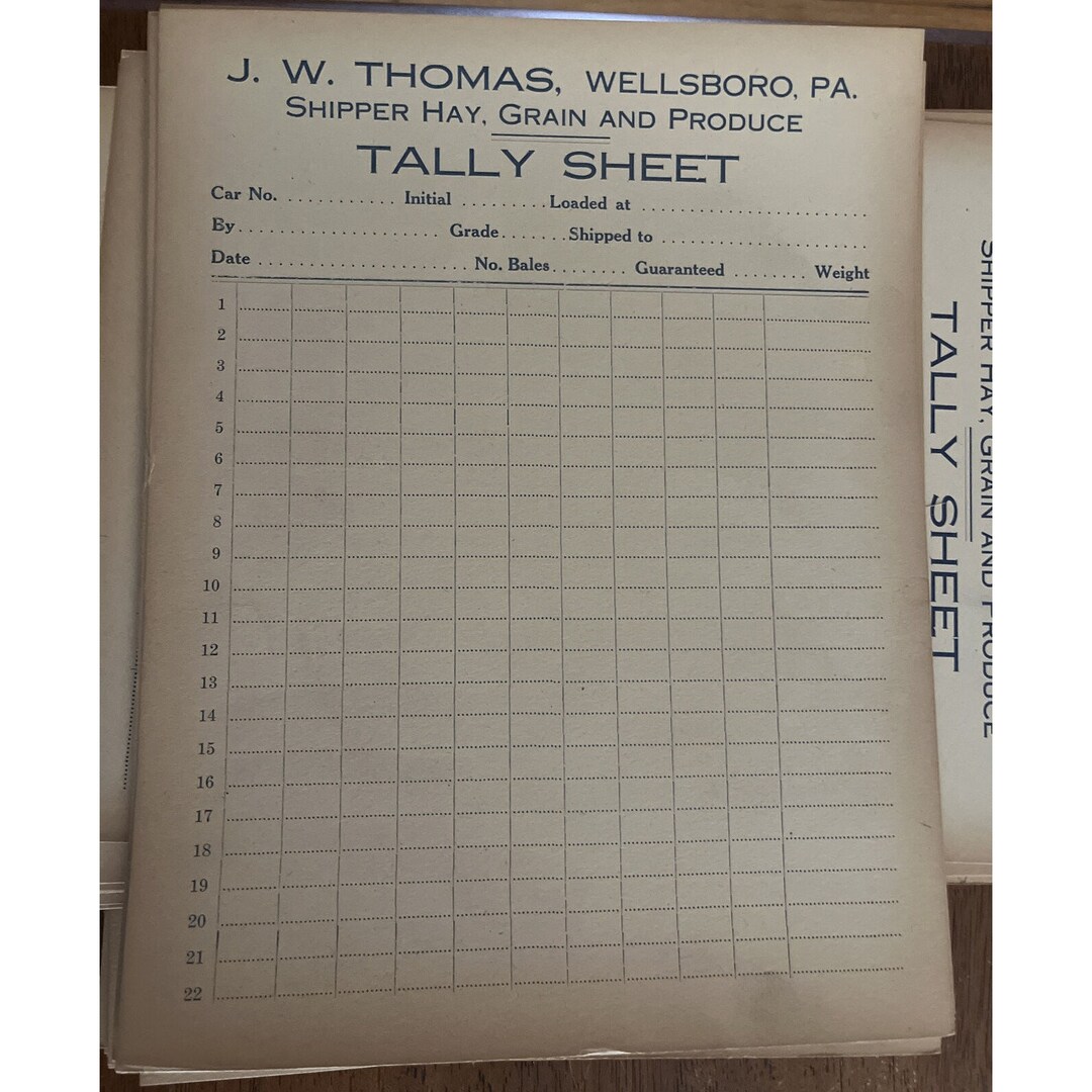 10 Card Stock Tally Sheets J.W. Thomas Shipper Hay, Grain Wellsboro, PA ...