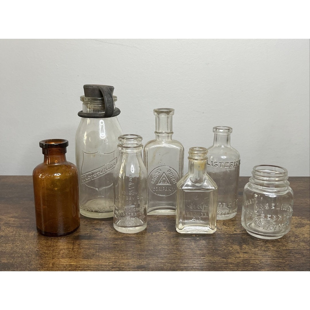 Lot of 7 Antique Bottles Lysol Edison Vaseline Grand Union Jo-cur ...
