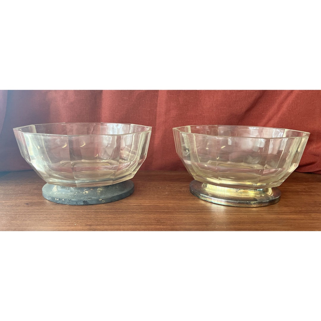 2 Vintage Art Deco Round Decagon 9 Crystal Glass Bowl With Silver ...