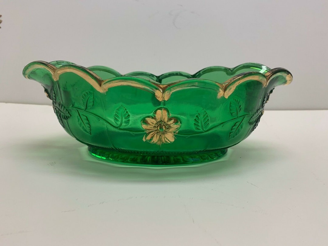 Vintage Green Glass Bowl With Gold Trim at Claire Grissom blog