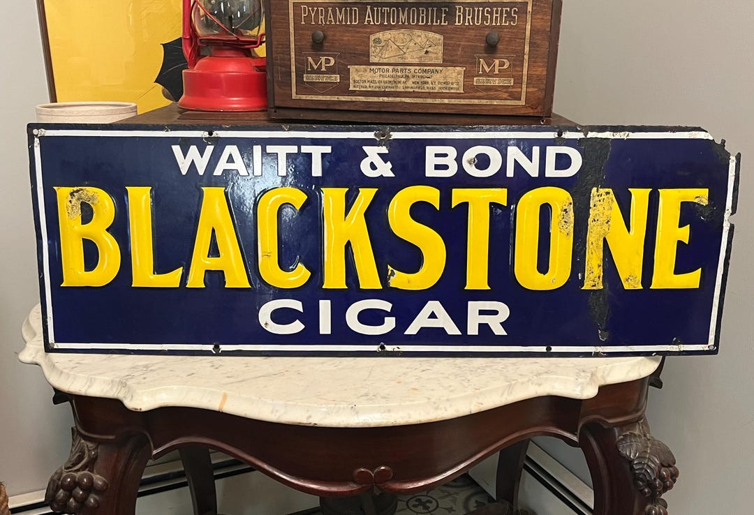 Waitt & Bond BLACKSTONE Cigar Sign Embossed Porcelain 36 X 12 Heavy ...
