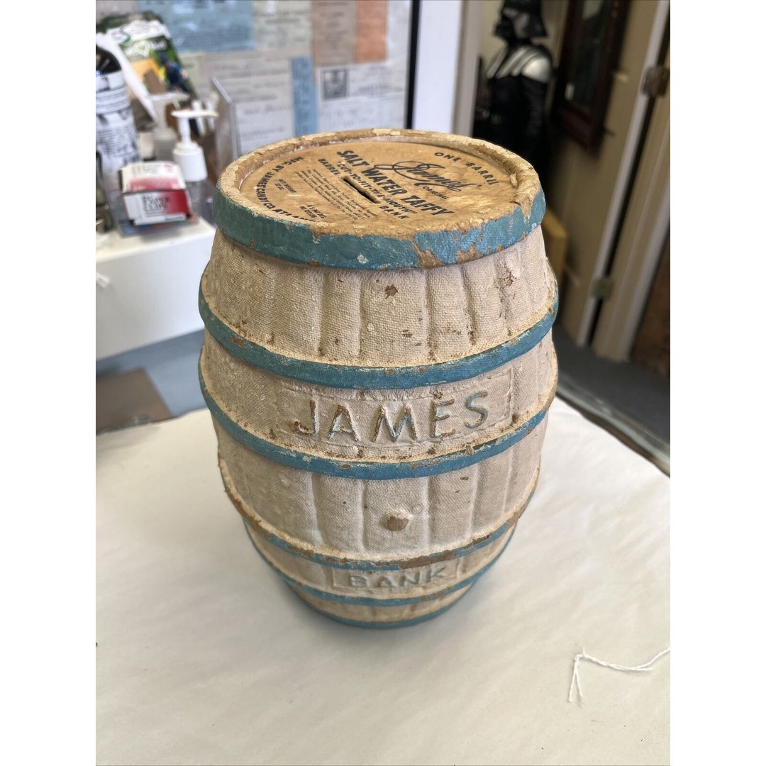Vintage JAMES Paper Mache Bank Salt Water Taffy Barrel 1940s Farmhouse ...