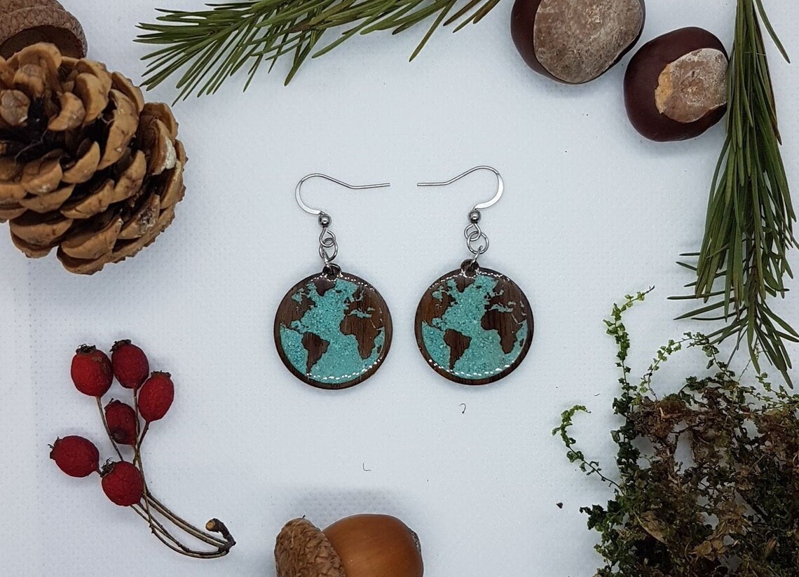 Planet Earth Earrings Planet Earth Jewelry Wooden Earrings Unique Stone ...