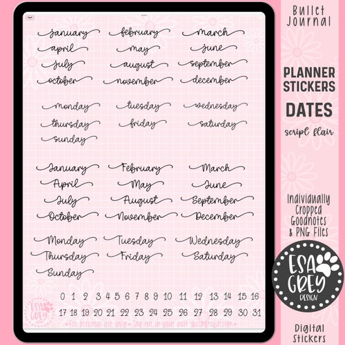 Planner Sticker Dates Script Font PNG Stickers Goodnotes - Etsy
