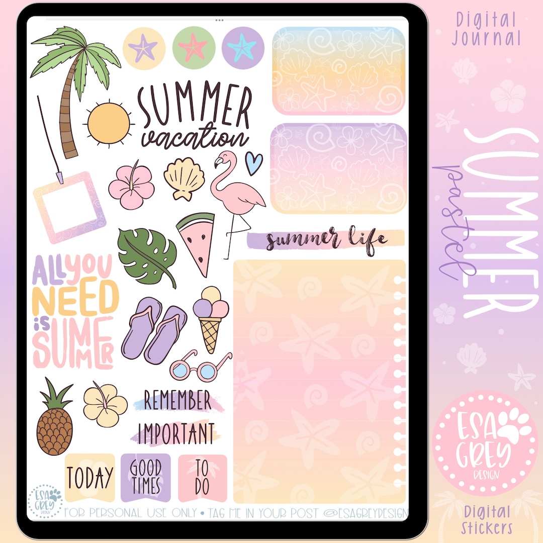 Summer Pastel Digital Sticker Set Digital Planner Stickers Beach ...
