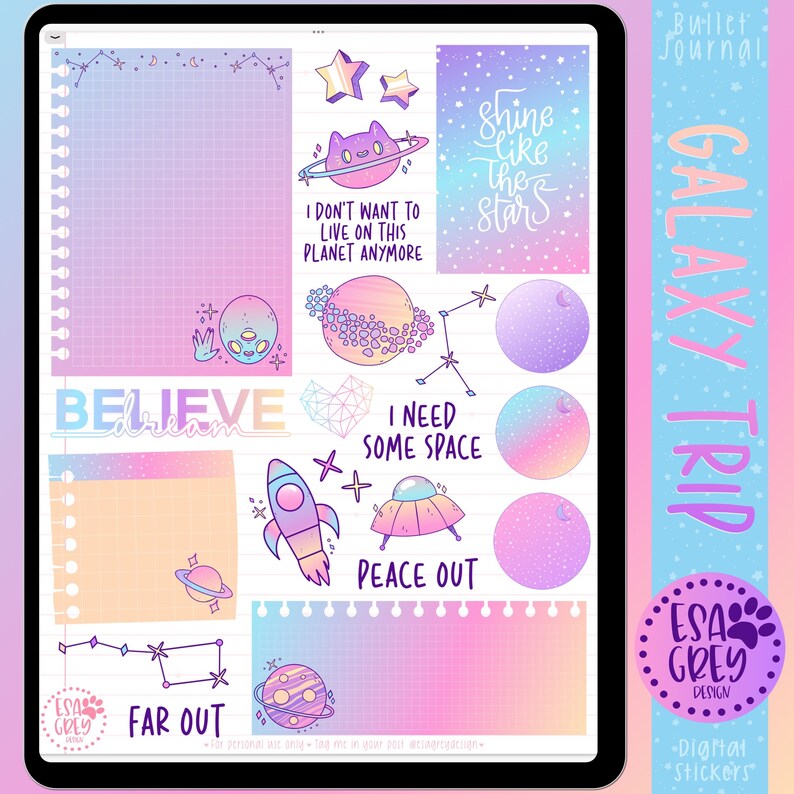 Galaxy Trip Digital Stickers Digital Planner Stickers Cute - Etsy