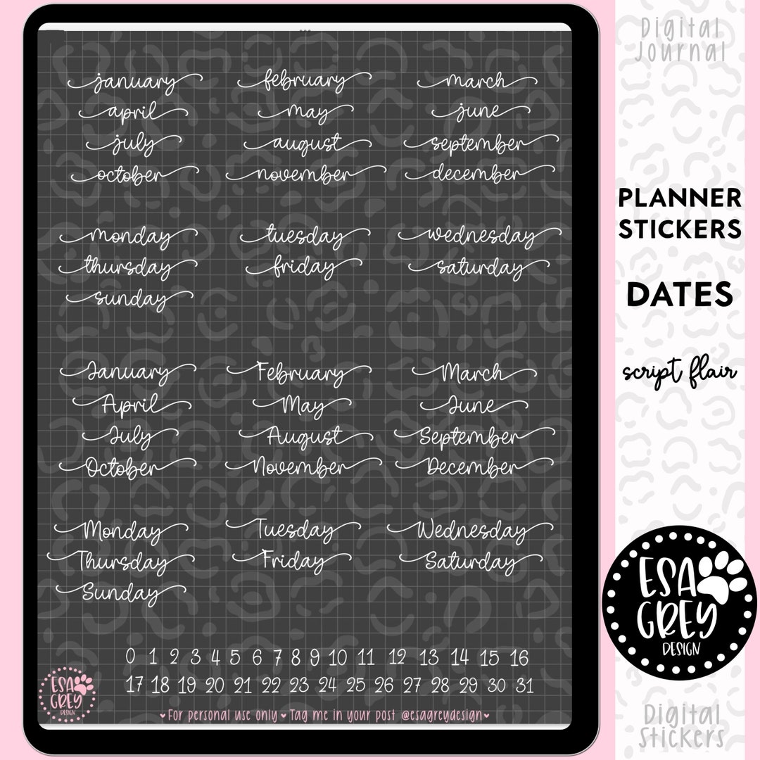 Planner Sticker Dates White Script Font | Boho Stickers | Goodnotes ...