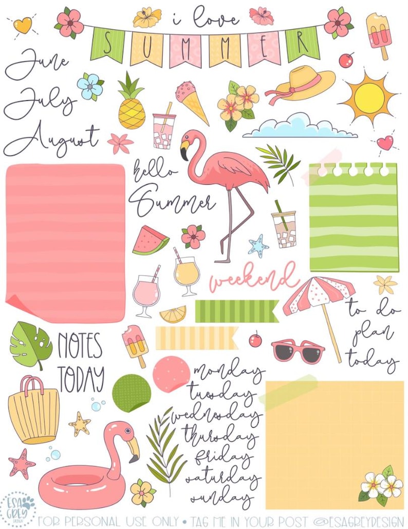 Summer Doodle Digital Stickers | Digital Planner Stickers | Beach ...