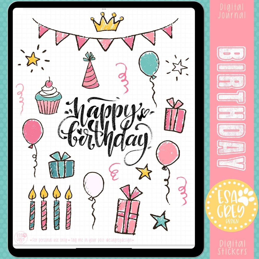 Birthday Party Digital Stickers | Goodnotes Stickers | Hand Drawn ...