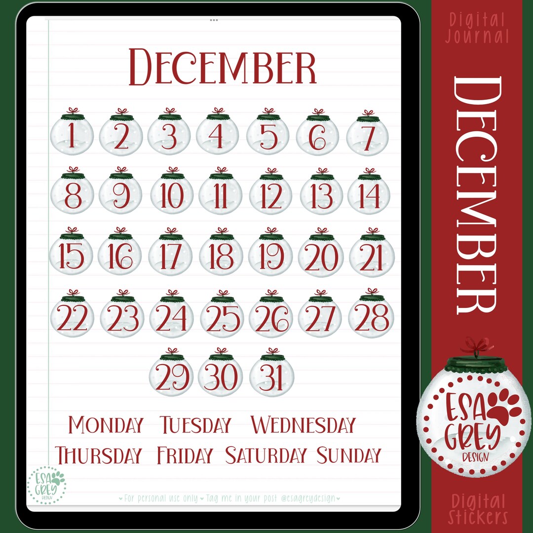 December Ornaments Red Date Stickers | Goodnotes Stickers | Digital ...