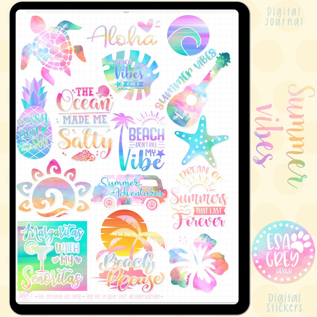 Summer Vibes Watercolor Digital Sticker Set Digital - Etsy