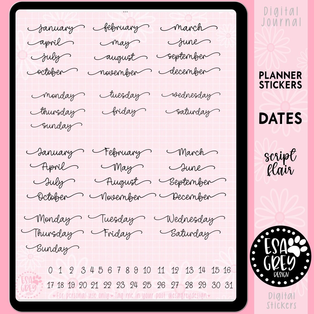 Planner Sticker Dates Script Font | PNG Stickers | Goodnotes Stickers ...