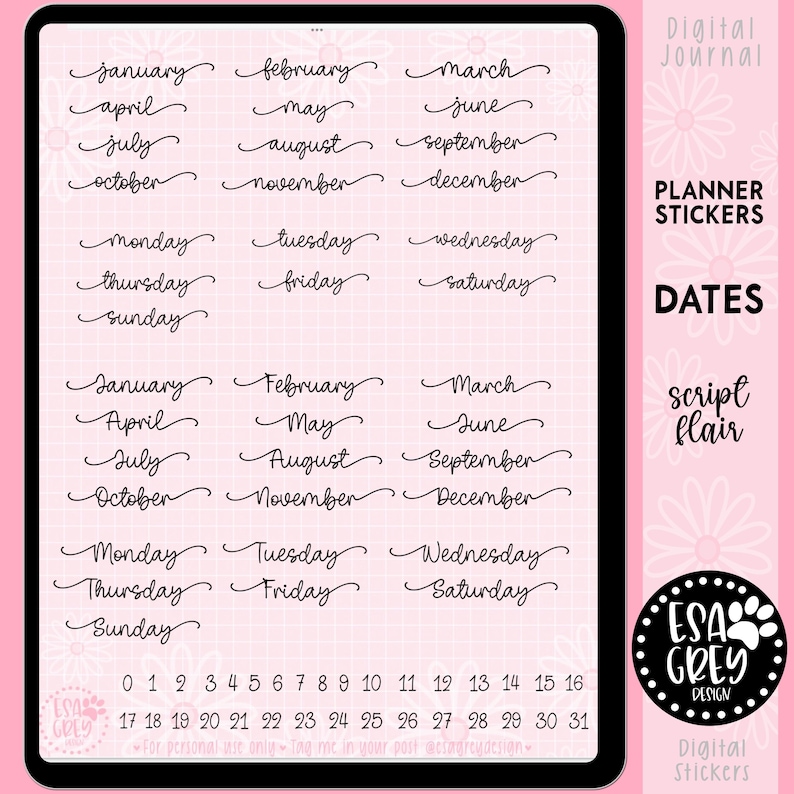 Planner Sticker Dates Script Font | PNG Stickers | Goodnotes Stickers ...