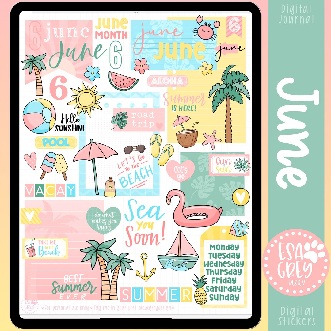 June Monthly Digital Stickers | Digital Planner Stickers | Beach ...