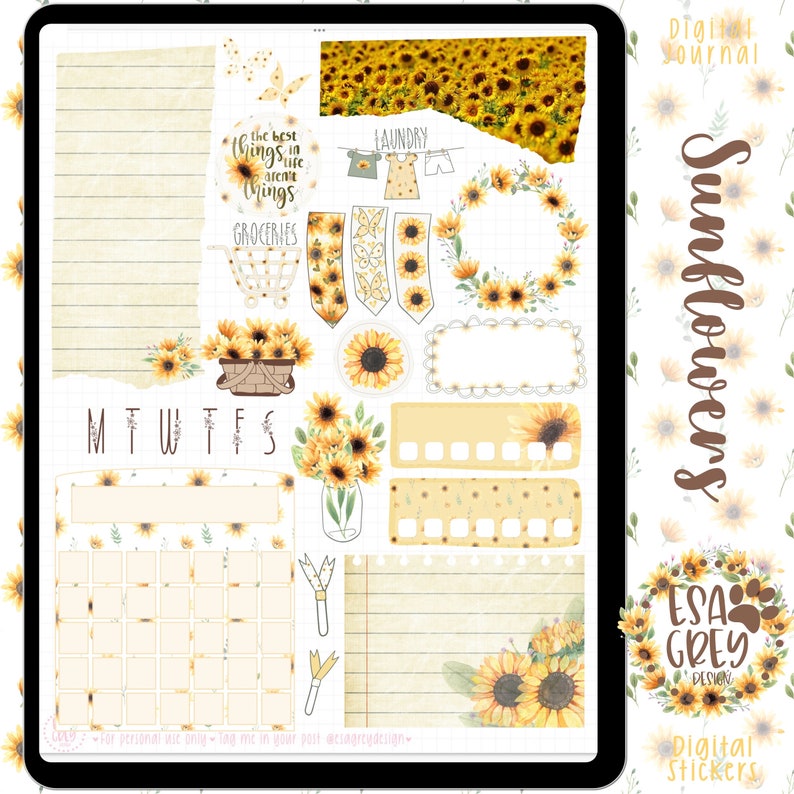 Sunflower Stickers | Digital Planner Stickers | Goodnotes Stickers ...