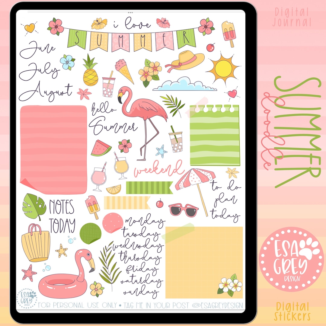 Summer Doodle Digital Stickers | Digital Planner Stickers | Beach ...