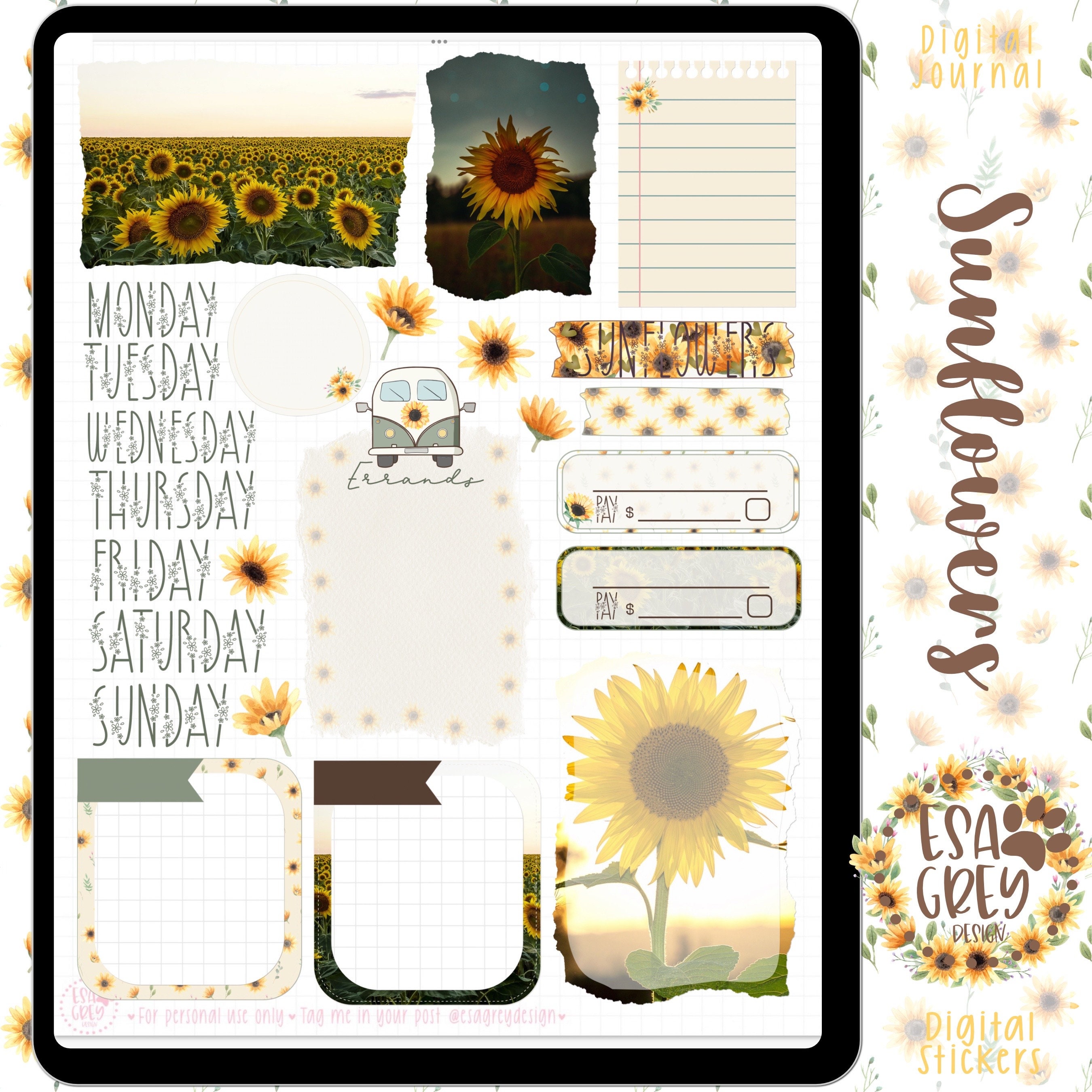 Sunflower Stickers | Digital Planner Stickers | Goodnotes Stickers ...