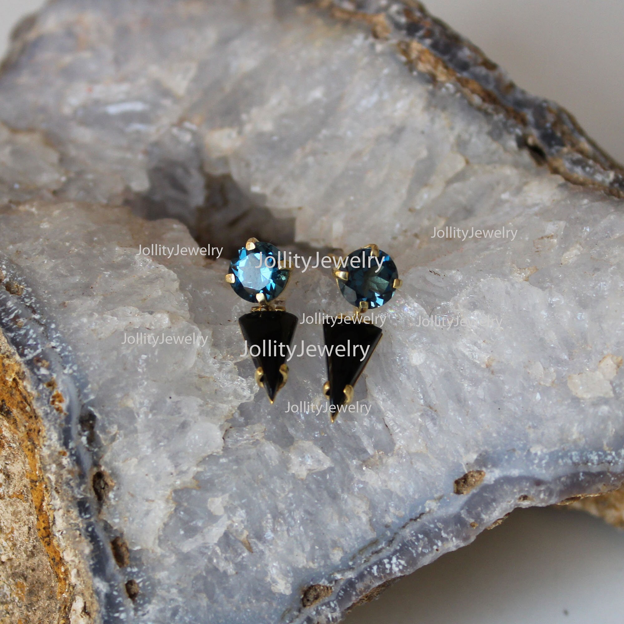 London Blue Topaz & Triangle Black Onyx Gemstone Mini | Etsy