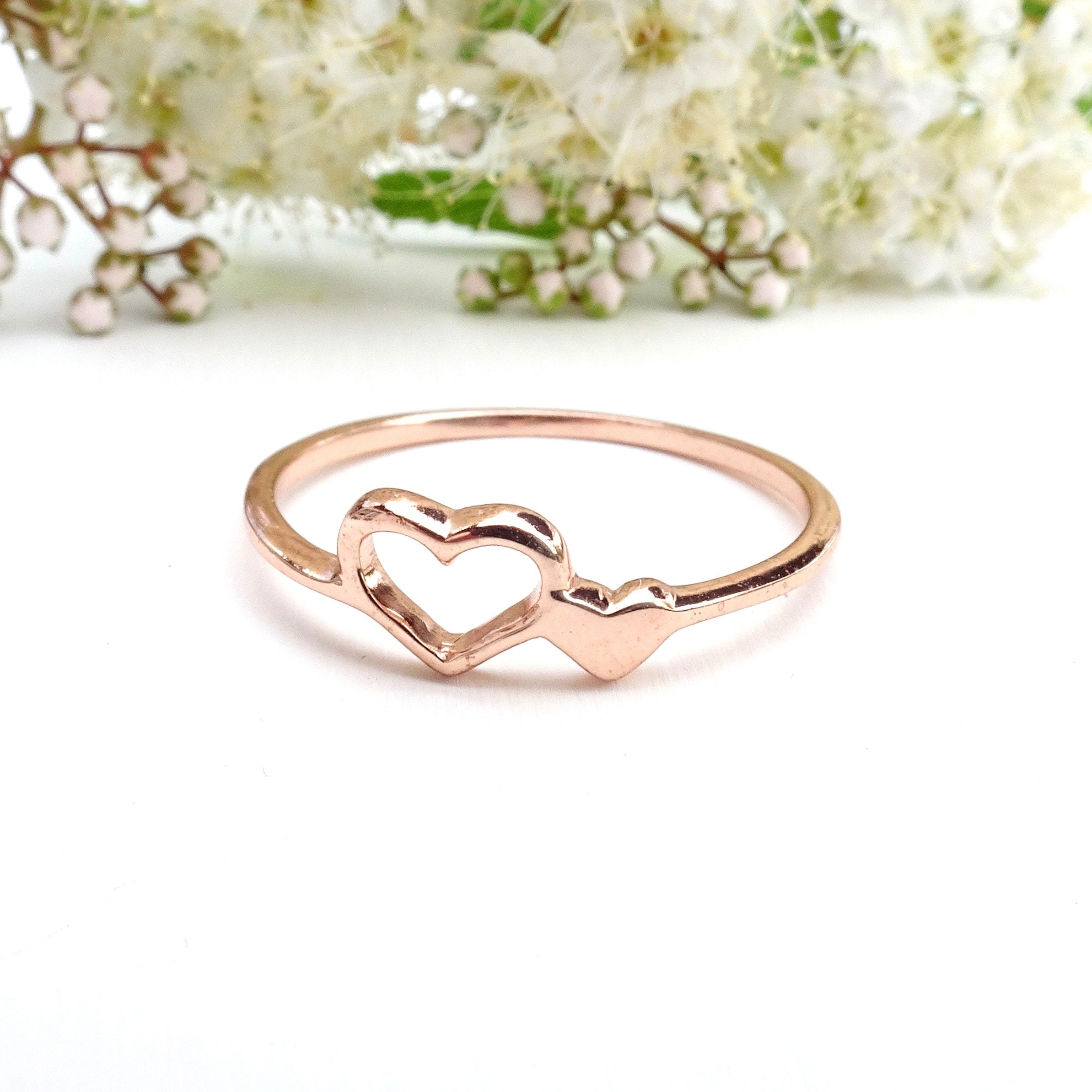 Rose Gold Heart Ring, 925 Sterling Silver Finger Ring Double Heart ...