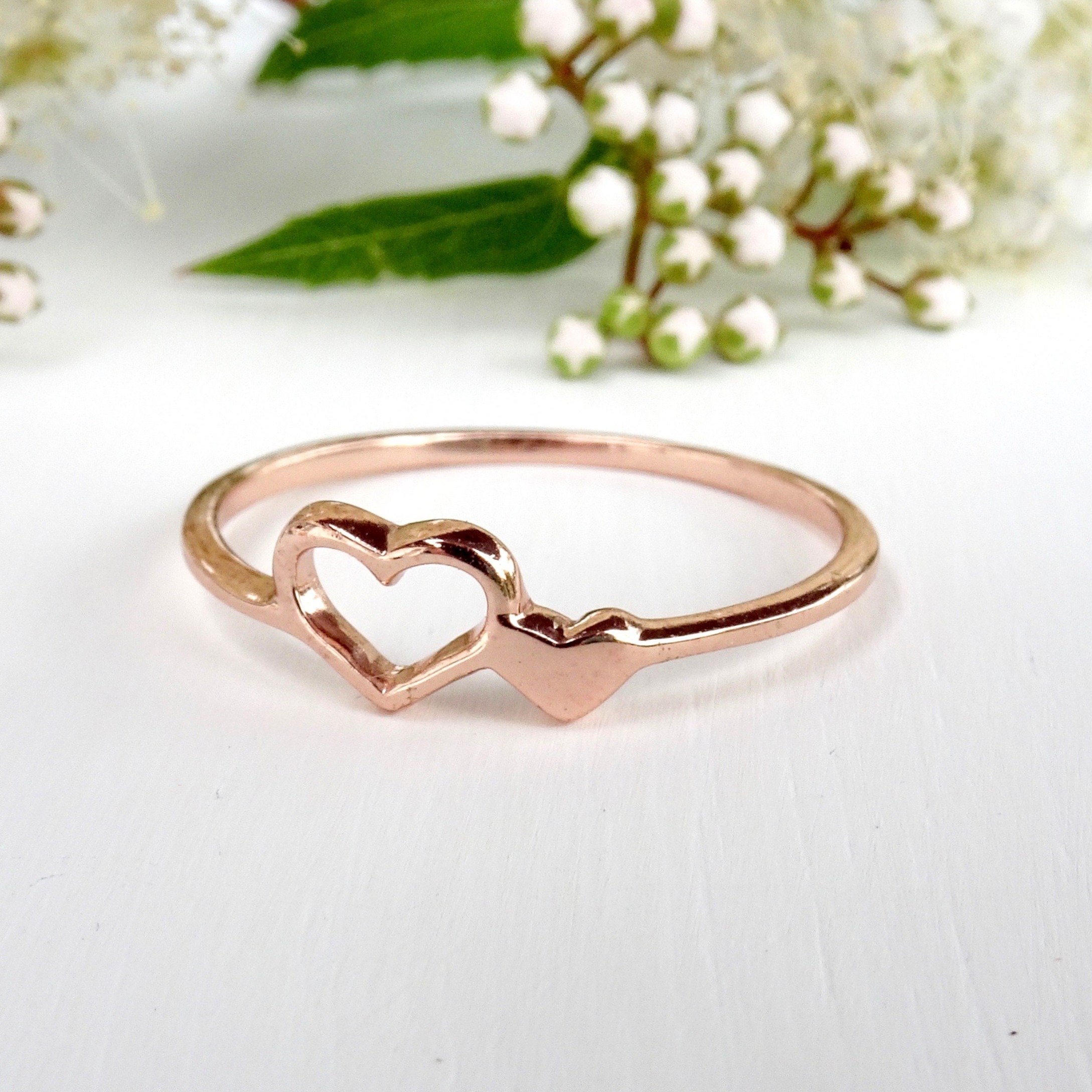 Rose Gold Heart Ring, 925 Sterling Silver Finger Ring Double Heart ...