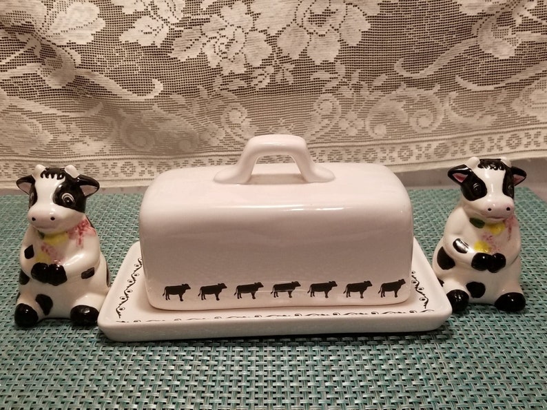 White Ceramic Farmhouse Butter Dish & Cow Shaped Salt and - Etsy