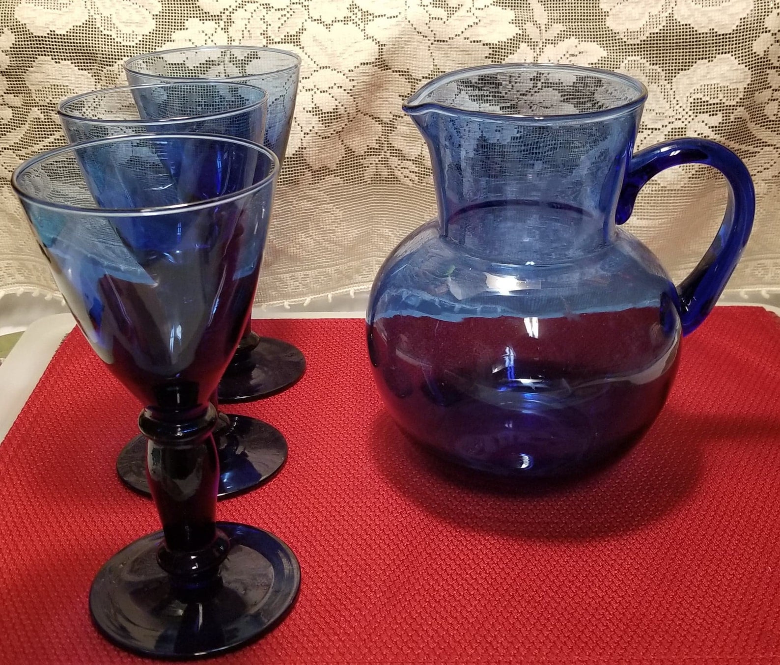 Cobalt Blue Glass Blown Pitcher and Three Goblets | Etsy