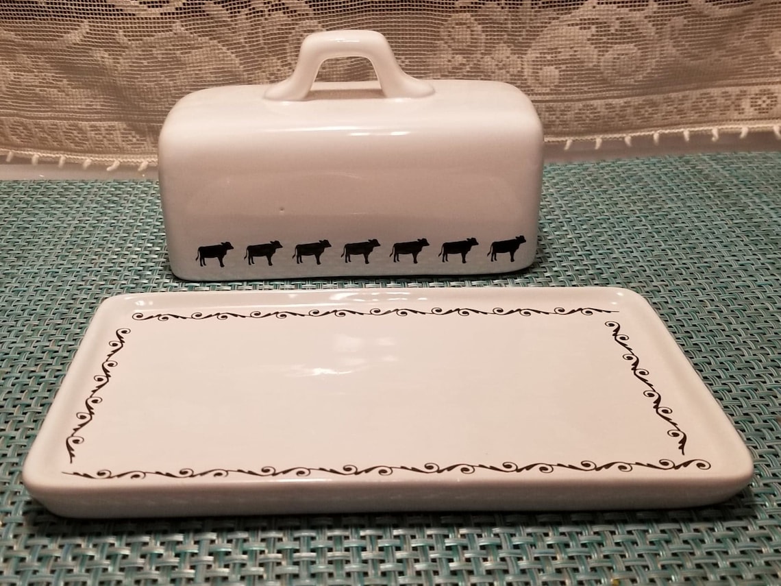 White Ceramic Farmhouse Butter Dish Cows on the Side - Etsy