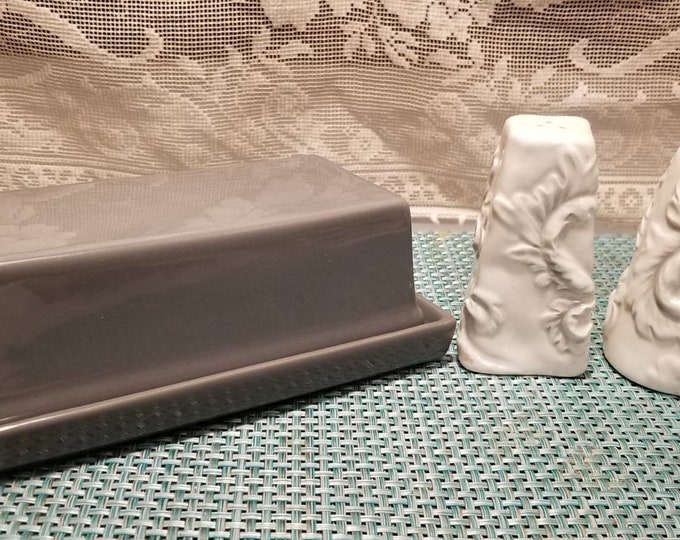 Gray Covered Butter Dish With White and Gray Salt and Pepper Shaker Set ...