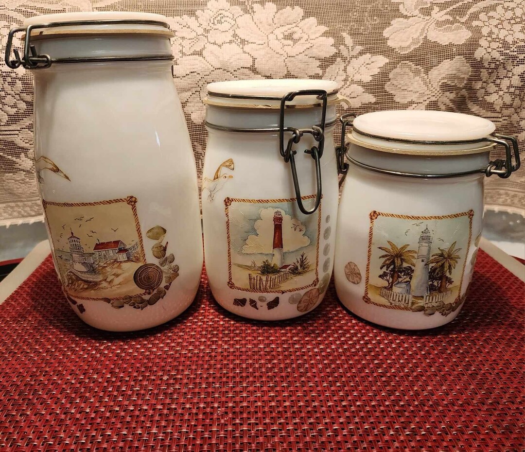 Vintage Milk Glass Canisters (3) - Lighthouse and Palm Tree Design - Etsy